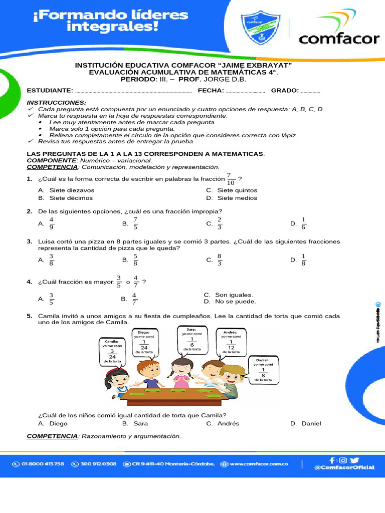 Evaluación Acumulativa de Matemáticas - 3erp. | PDF