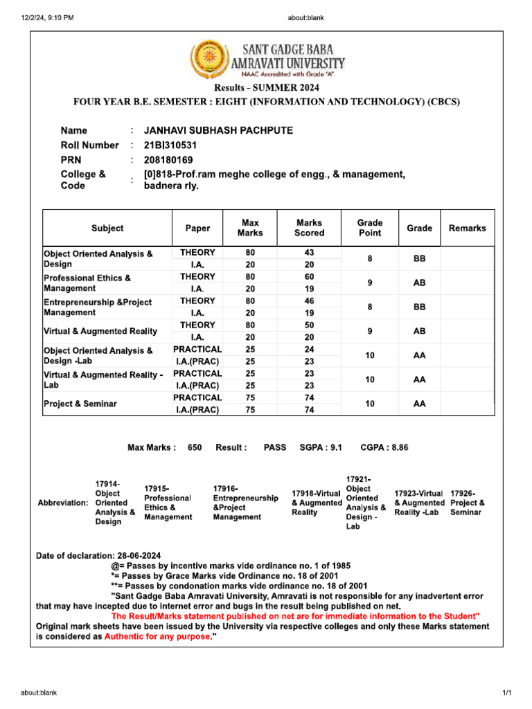 8th Sem Marksheet | PDF