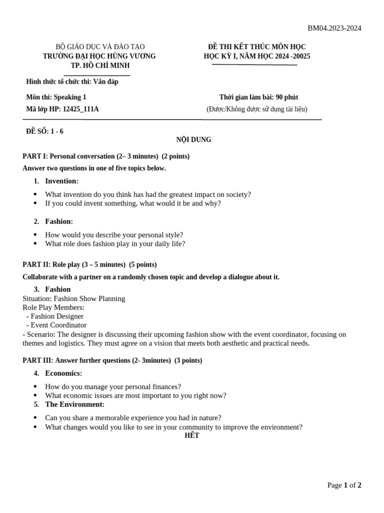 BM04-Đề thi Vấn đáp - Speaking 1 - HLien - đề 1 - 6 | PDF