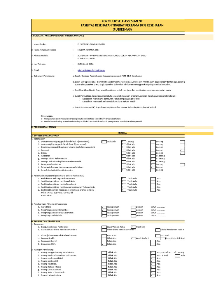 Formulir Self Assessment Puskesmas Sungai Lokan | PDF