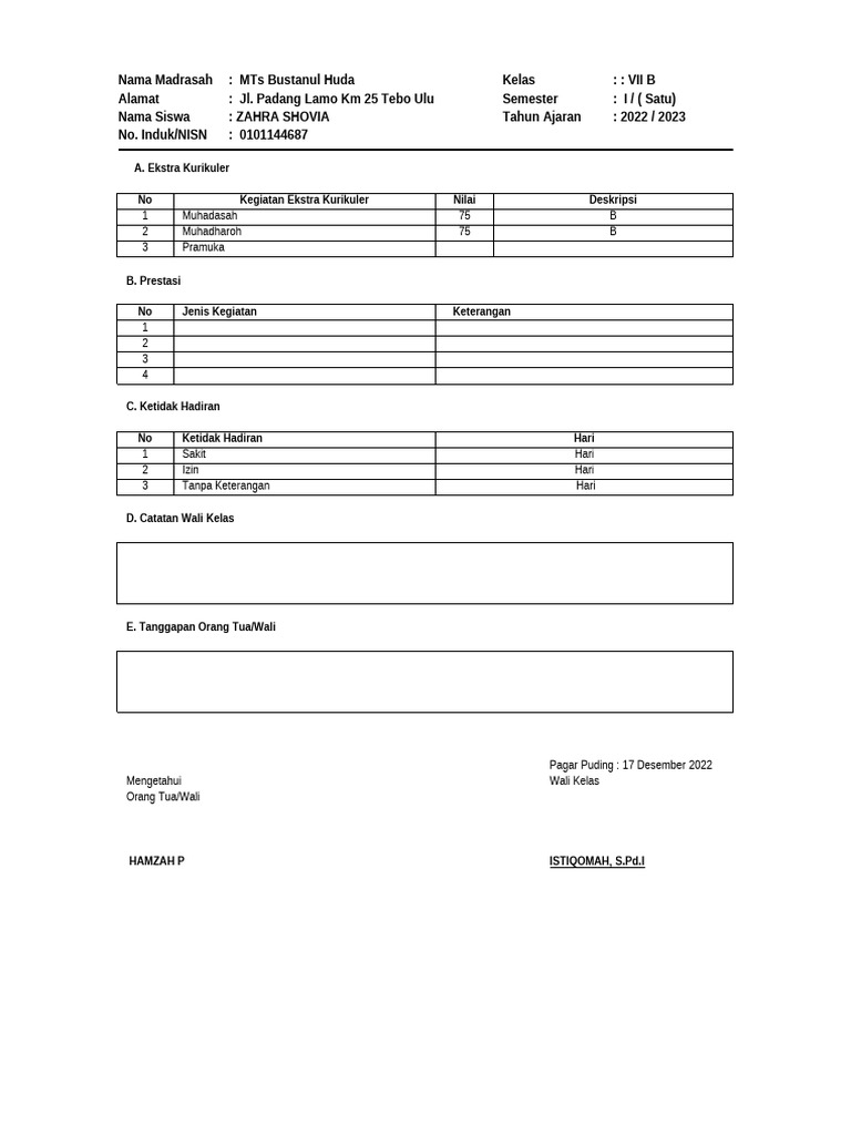 Raport Semester 1 MTs Bustanul Huda | PDF