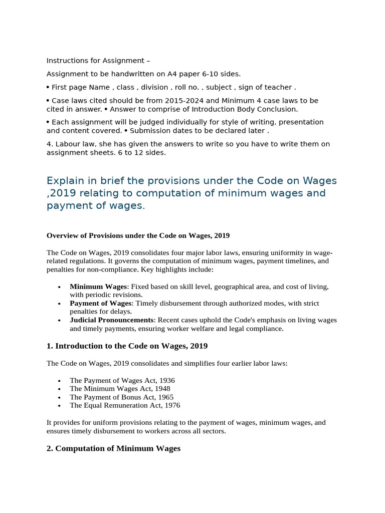 Assigment - Explain in Brief The Provisions Under The Code On Wages ...