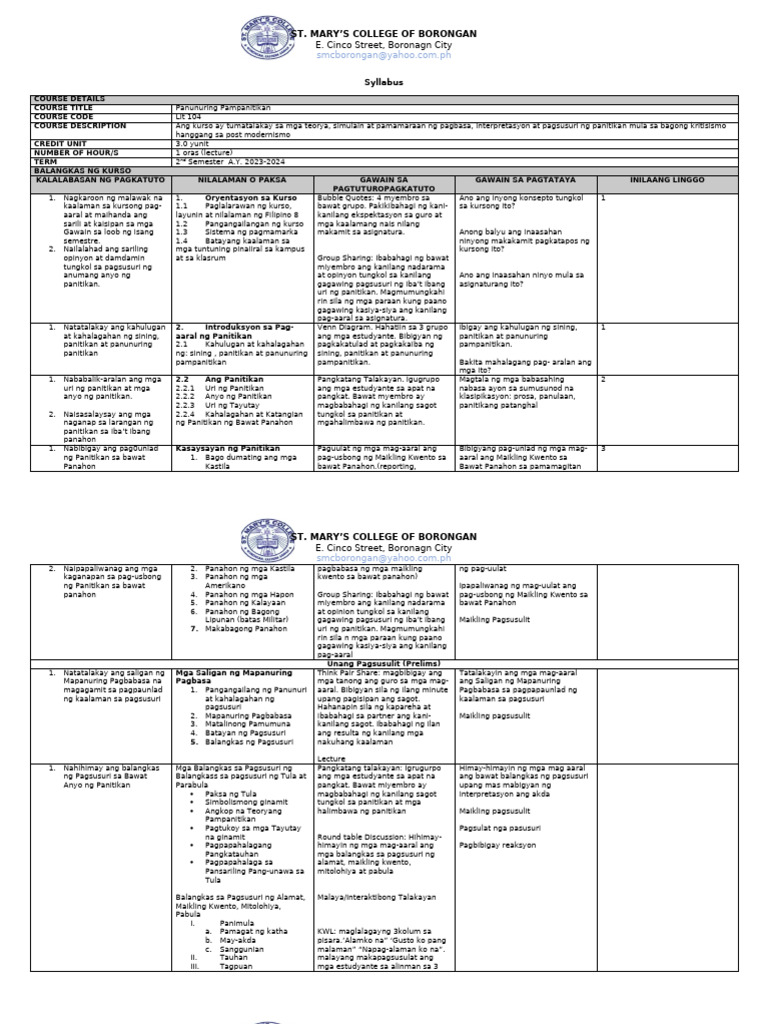 2nd Sem Syllabus Lit 104 Panunuring Pampanitikan | PDF