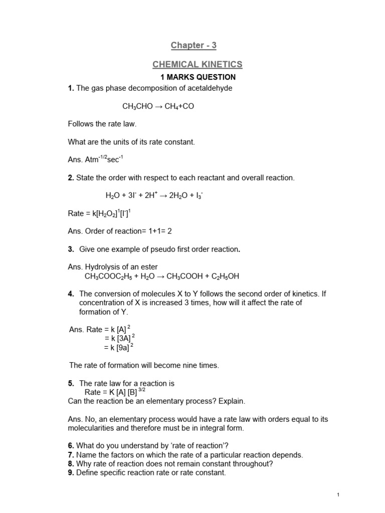 Class Xii Chemistry Marks Wise Important Questions Chapter 3 Chemical Kinetics (1) | PDF ...