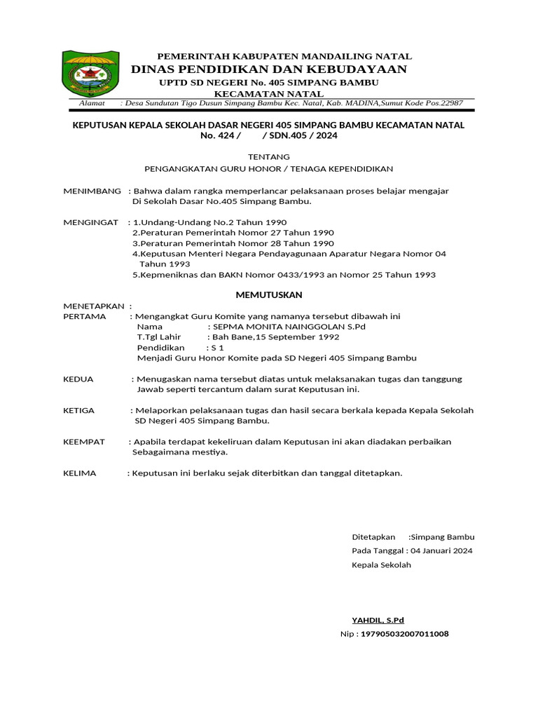 Pengangkatan Guru Honor SDN 405 Bambu | PDF