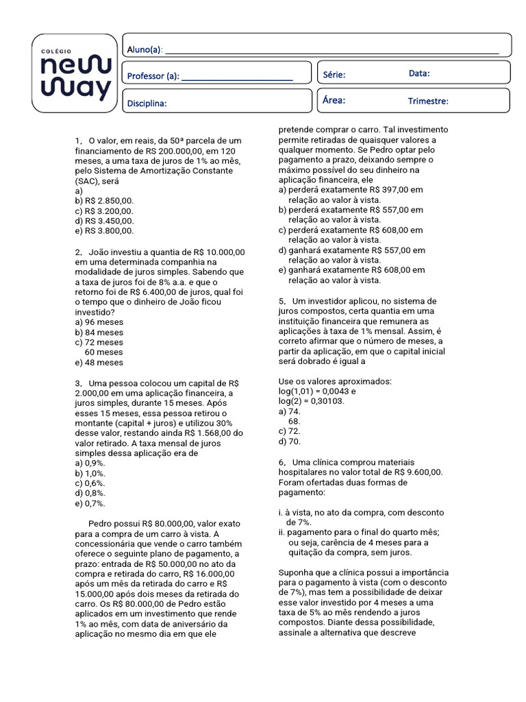 Revisão AC3 2 segunda série | PDF | Juros | Empréstimos