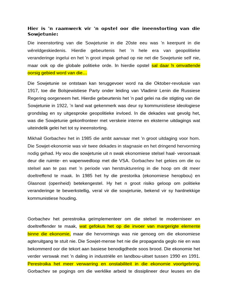 Hise 411 Opstel Ineenstorting Van Die Sowjetunie Eksamen | PDF
