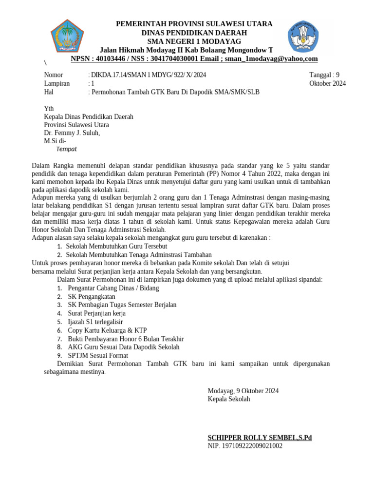 Format Surat Permohonan Tambah GTK Baru di Dapodik | PDF