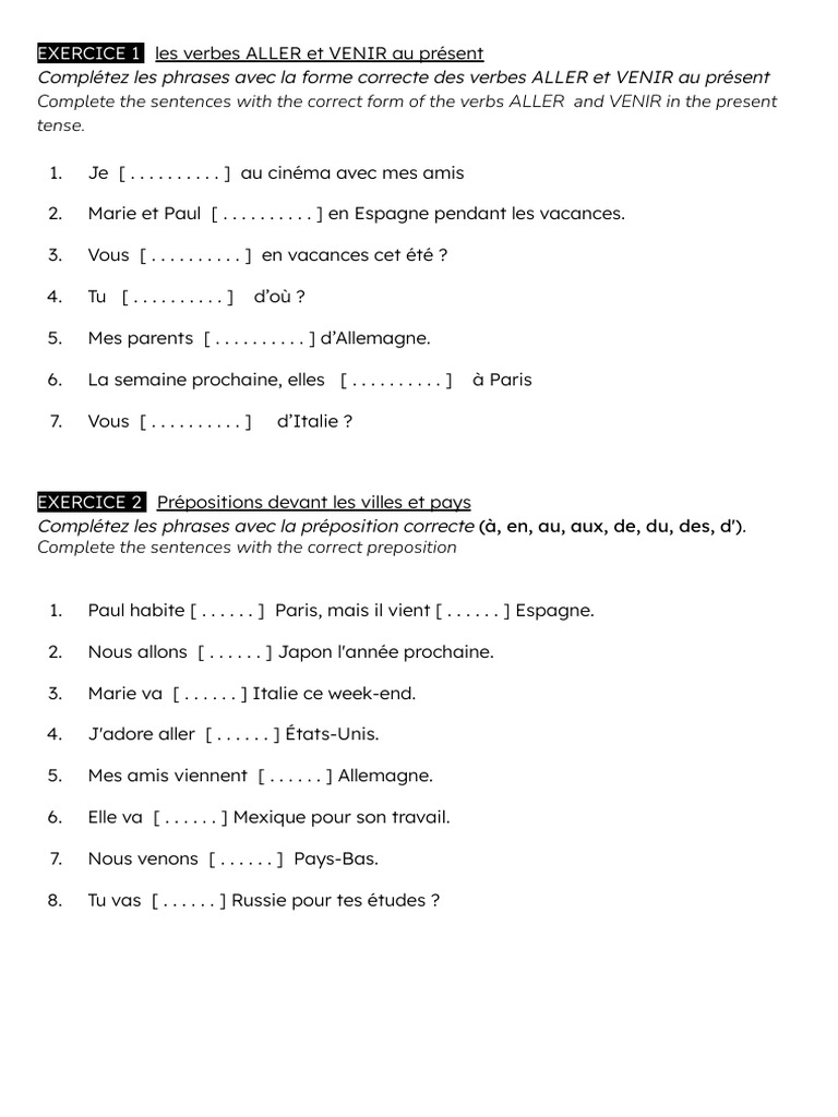 Exercices sur Aller et Venir | PDF