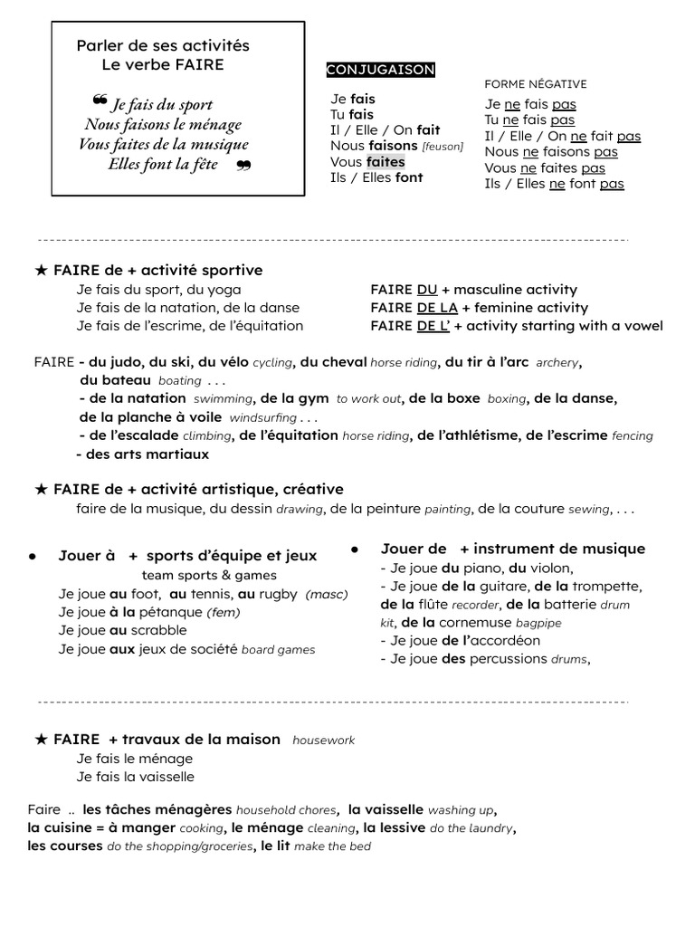 Activités et verbes en français | PDF | Sports individuels