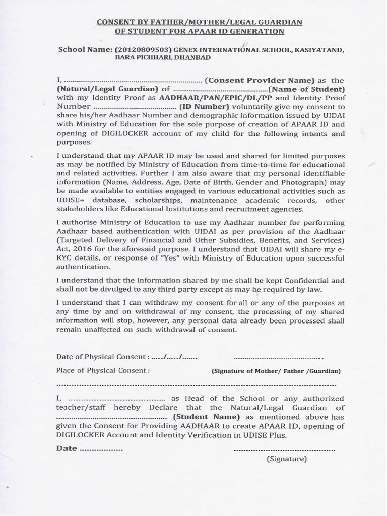 Consent Form Apaar ID | PDF
