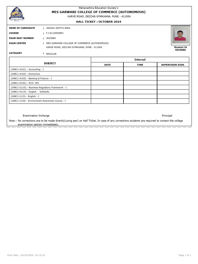 MES Garware College Hall Ticket 2024 | PDF