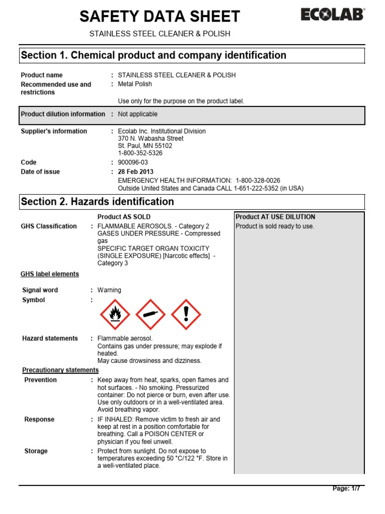 Stainless Steel Cleaner Safety Data | PDF | Firefighting | Water