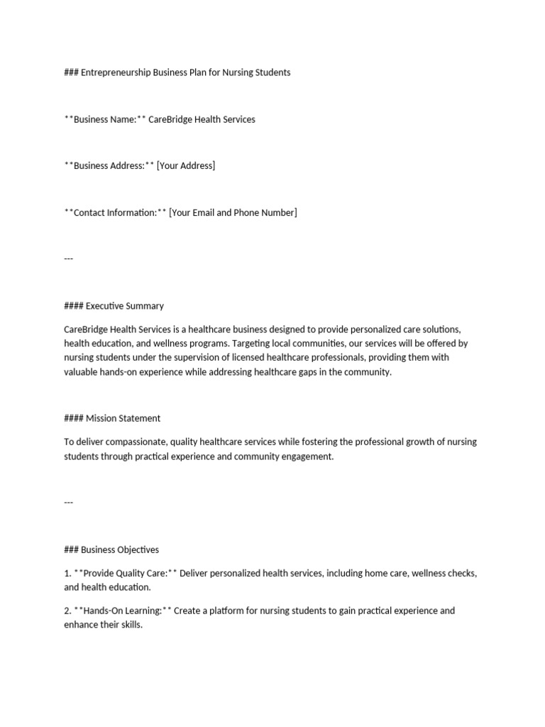 Entrepreneurship Business Plan For Nursing Students | PDF | Health Care ...