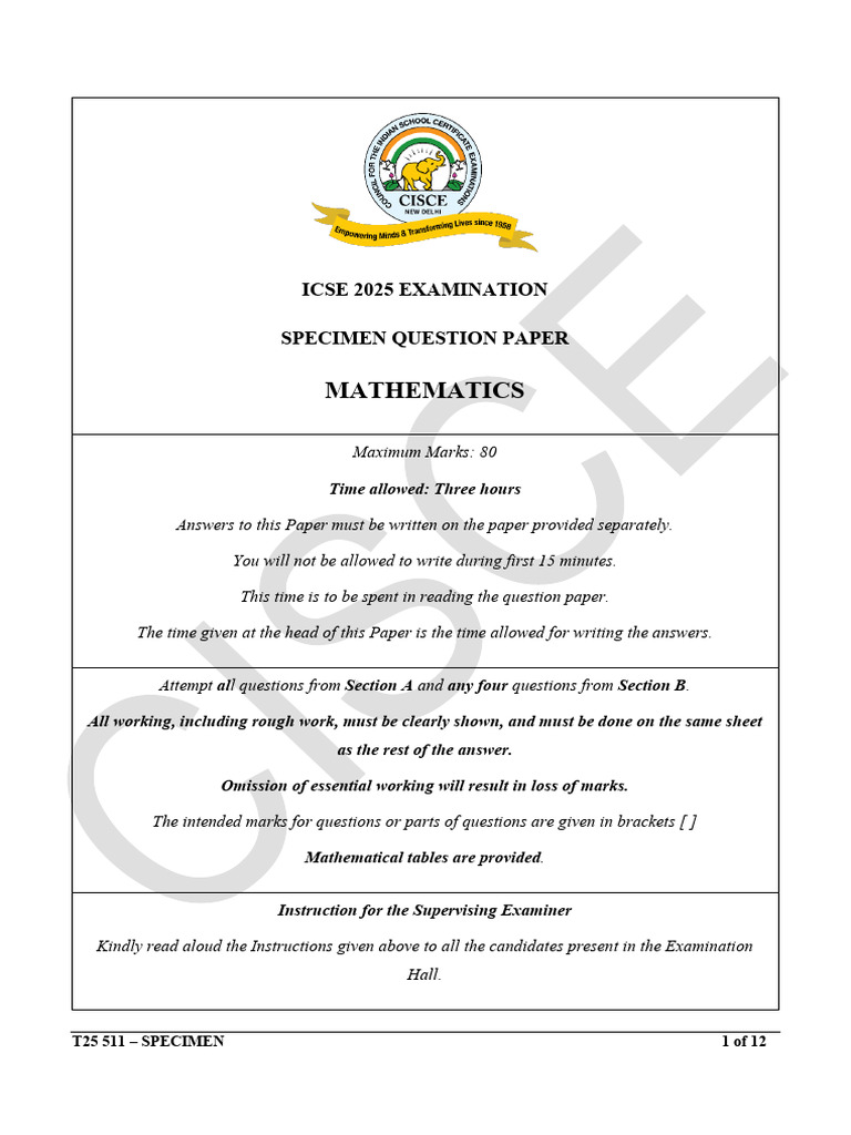 Icse 2025 Specimen QP Ms 511 Mat Upd | PDF