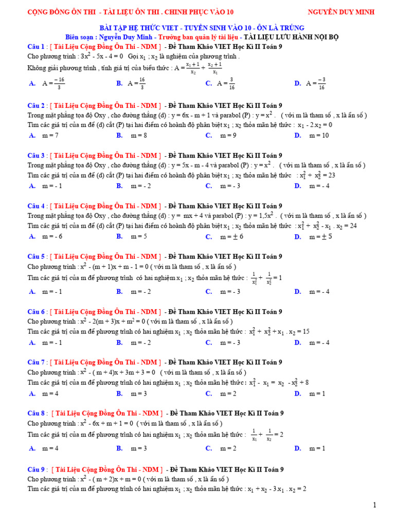 BÀI TẬP VIET TỰ LUYỆN HỌC KÌ II TOÁN 9 - NDM PDF | PDF