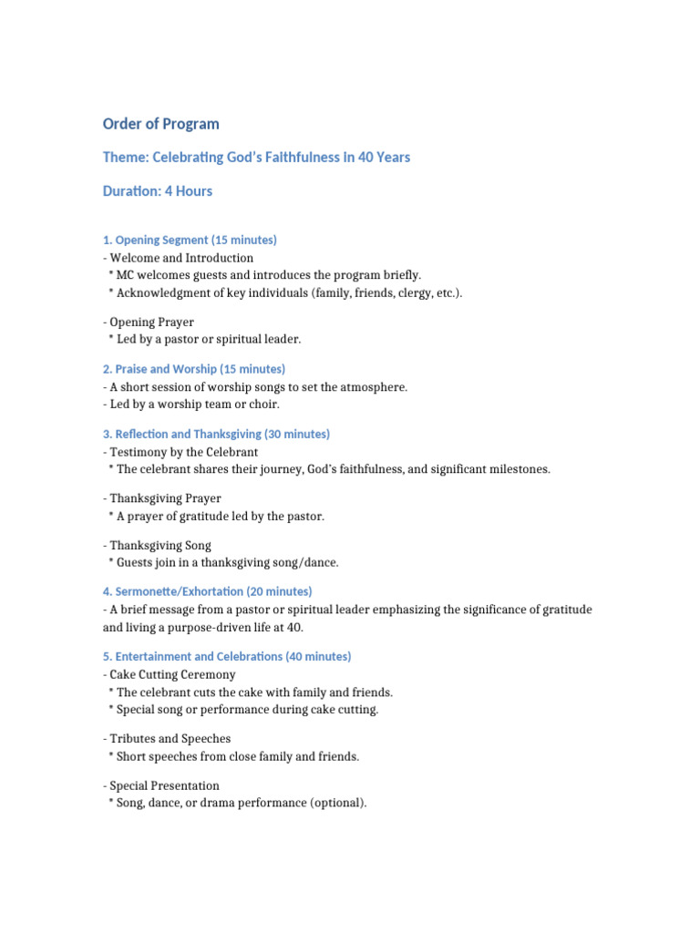 40th Birthday Celebration Program Outline | PDF