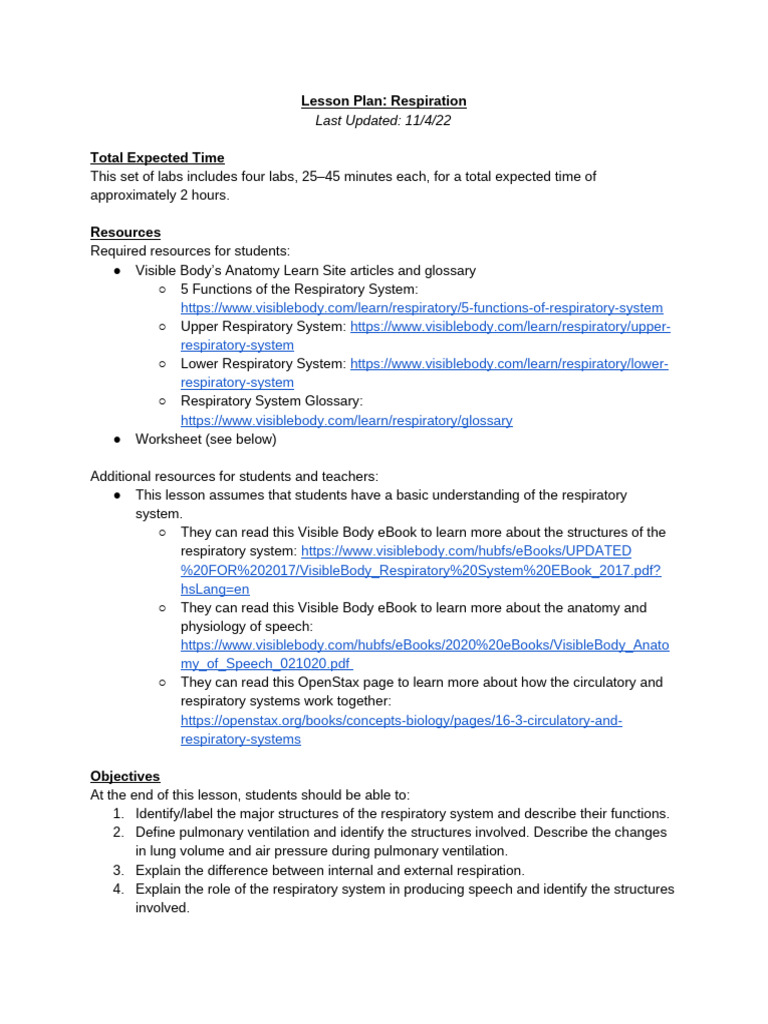 Bio Learn Lesson Plan Respiration | PDF | Respiratory System | Respiratory Tract