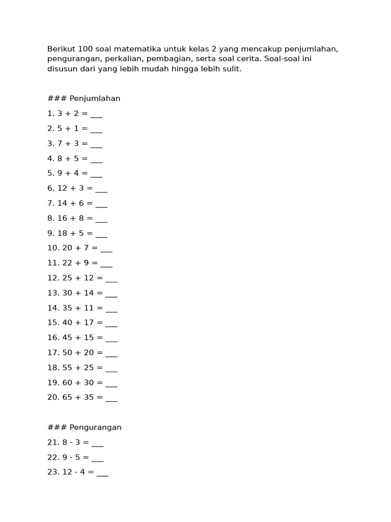 Daftar Soal Matematika Untuk Kelas 2 Perkalian Pembagian | PDF