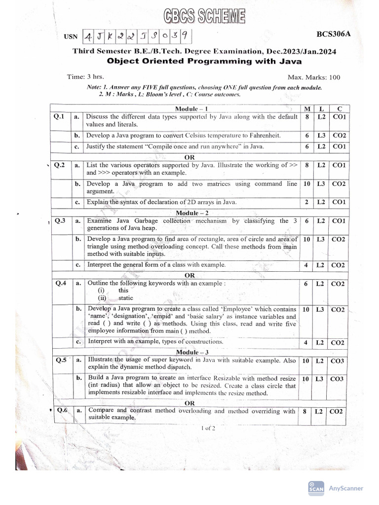 OOJ (BCS306A) - All Question Papers - 2024 | PDF