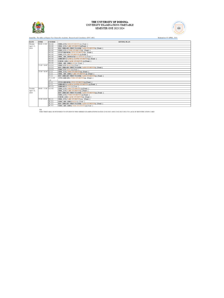 Updated MINI TIMETABLE (FINAL DRAFT) University Examination ...