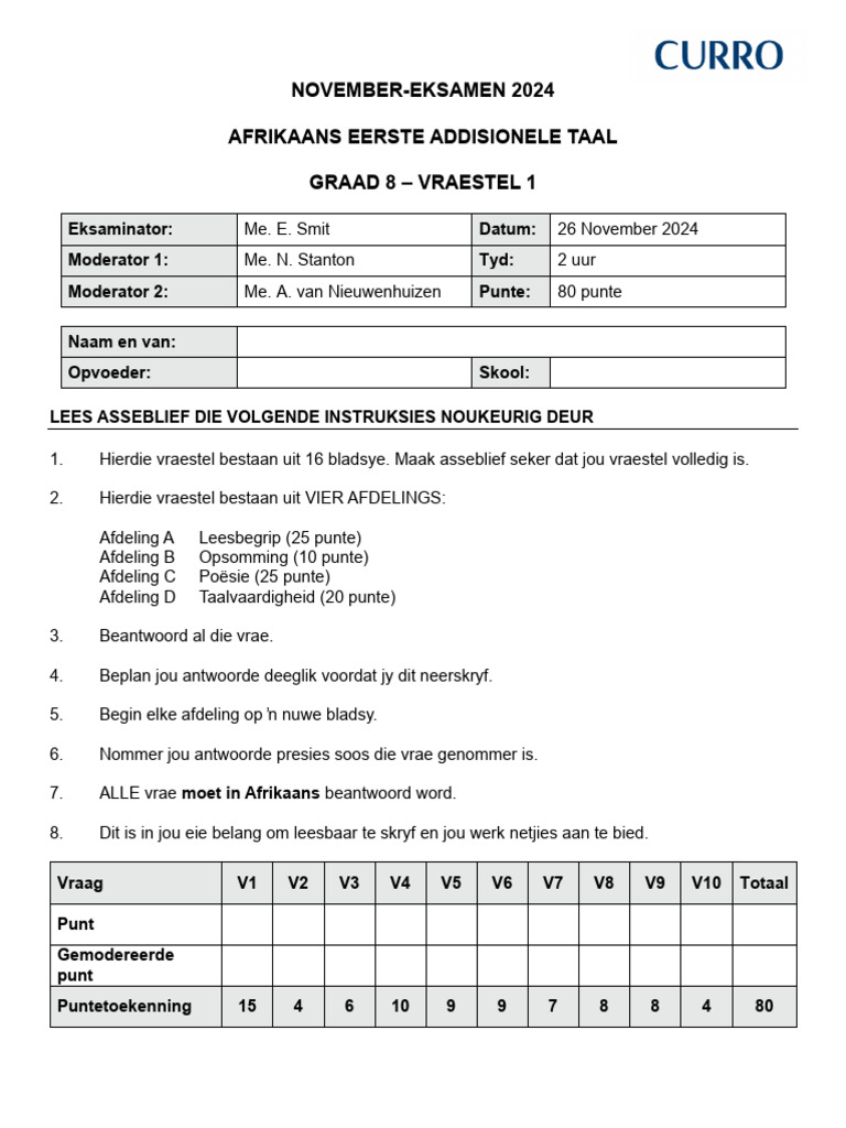 Gr.8 Afrikaans FAL Kw4 V1 | PDF