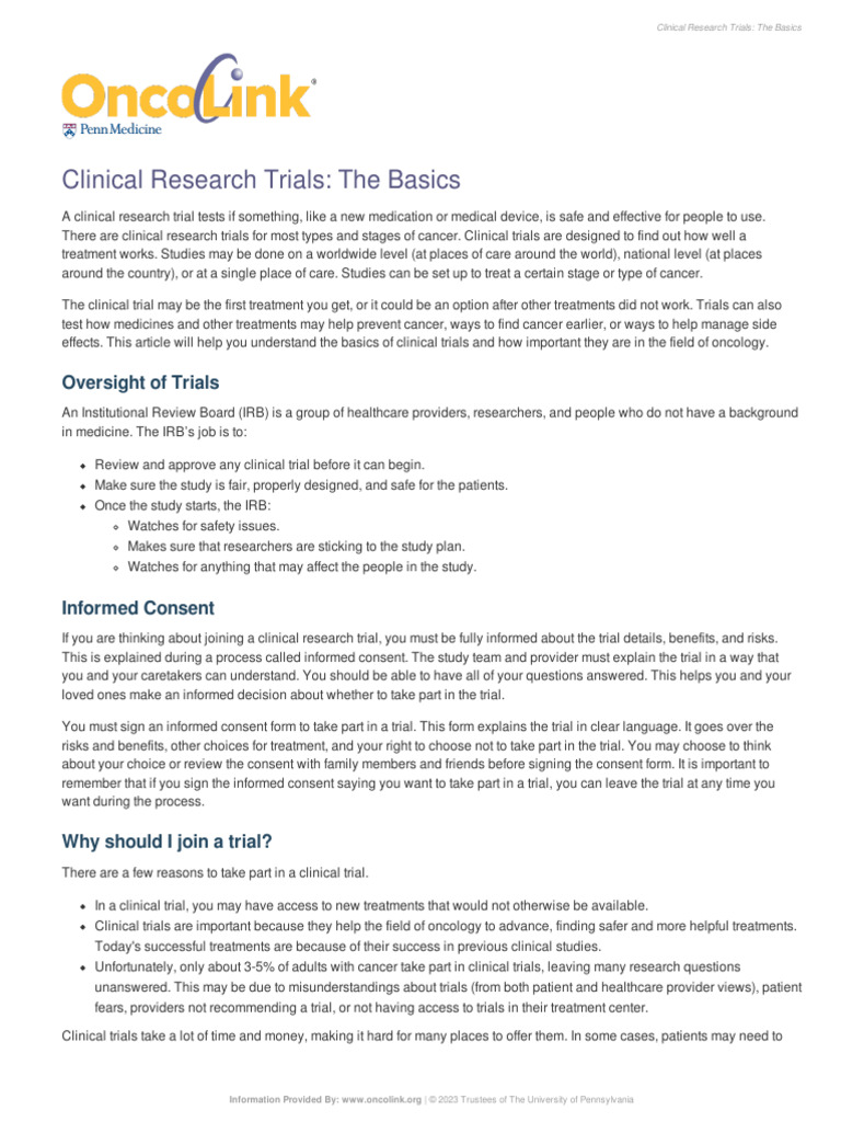 Clinical Research Trials The Basics | PDF | Therapy | Clinical Trial