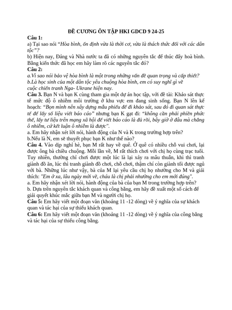 ĐỀ CƯƠNG ÔN TẬP HKI GDCD 9 24-25 | PDF