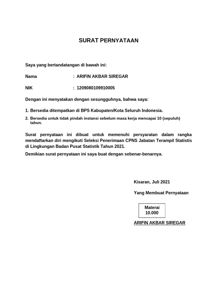 SURAT PERNYATAAN BPS 2021 | PDF