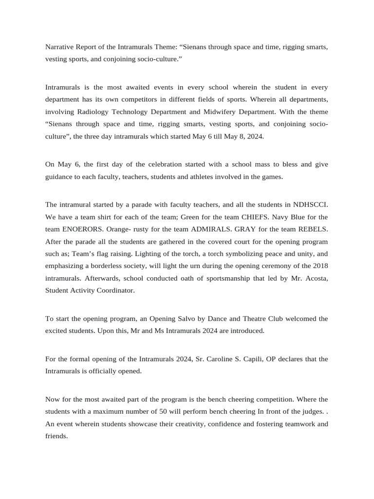 Intramurals Narrative Report | PDF | Sports