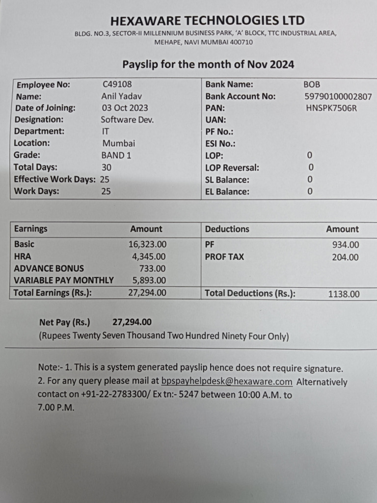 Hexaware Technology LTD Payslip | PDF