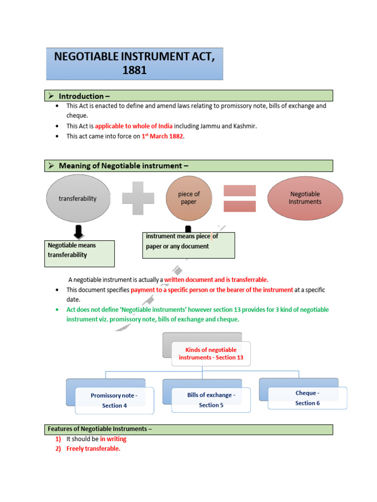 Negotiable Intruments Notes | PDF | Negotiable Instrument | Cheque