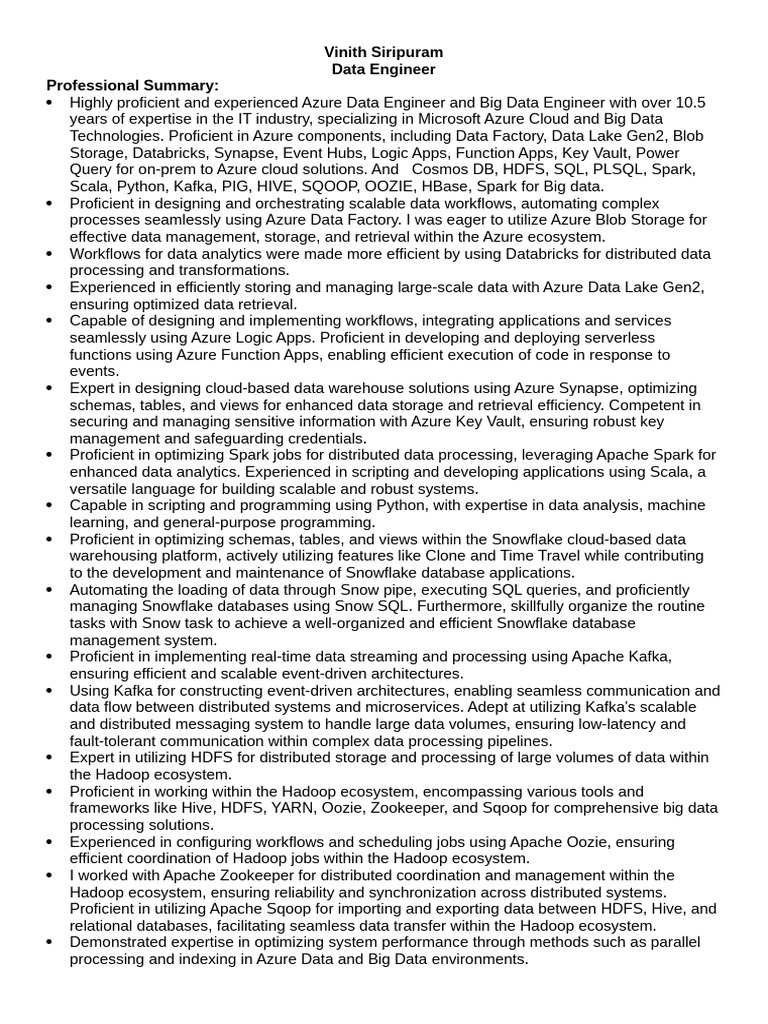 Vinith Siripuram Data Engineer | PDF | Apache Spark | Apache Hadoop