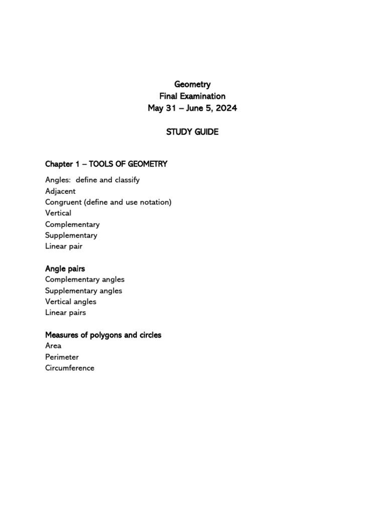 Geometry Final Exam Study Guide | PDF | Triangle | Perpendicular