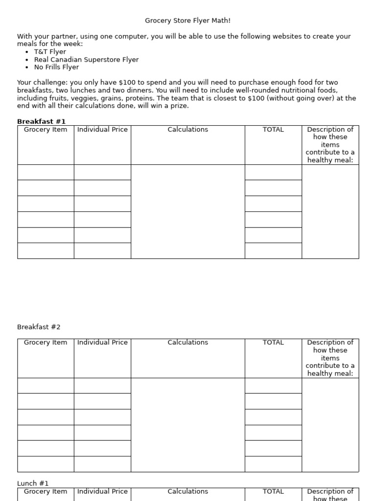 Budget Meal Planning Challenge | PDF | Meal | Grocery Store