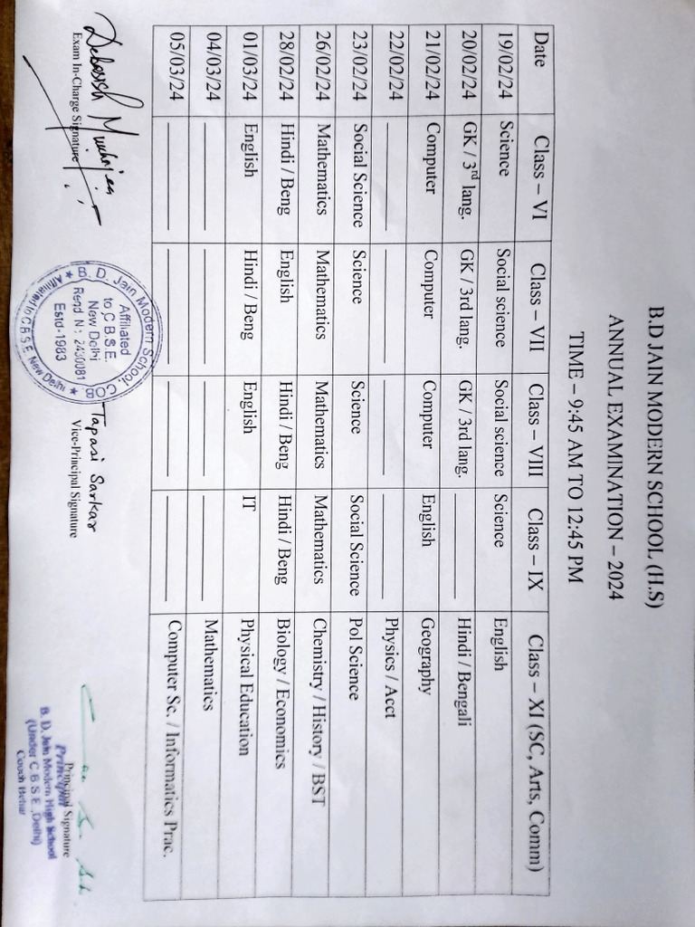 Annual Exam Date Sheet, 2024 | PDF | Science