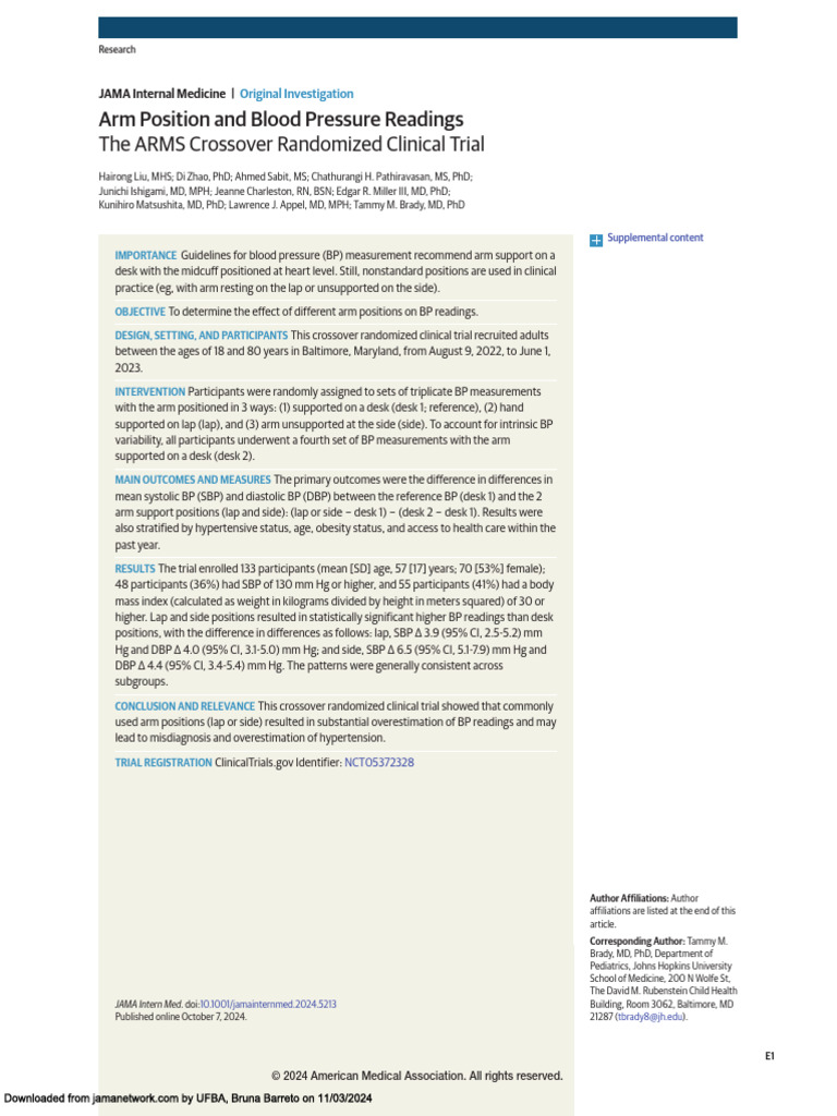 Arm Position and Blood Pressure Readings The ARMS Crossover Randomized ...