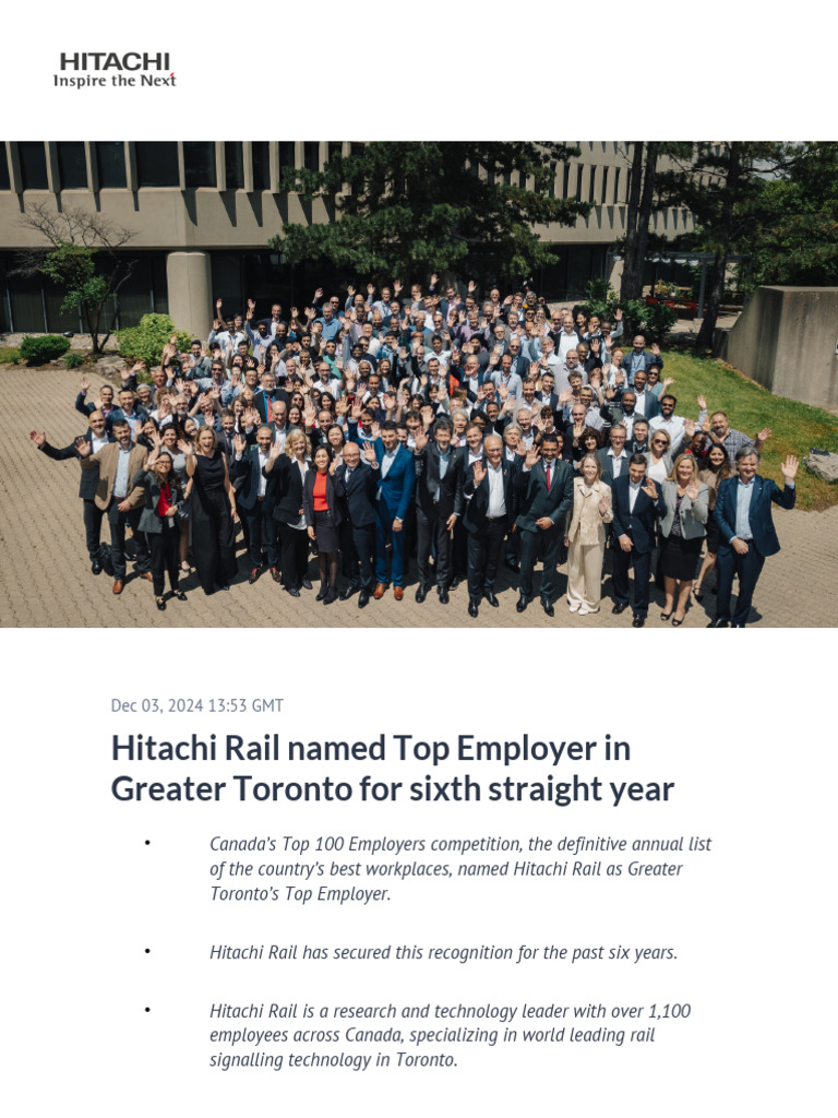 Hitachi Rail Named Top Employer in Greater Toronto For Sixth Straight ...