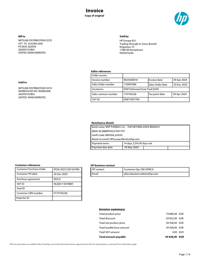 HP Invoice for Mitsumi Distribution | PDF | Value Added Tax | Invoice