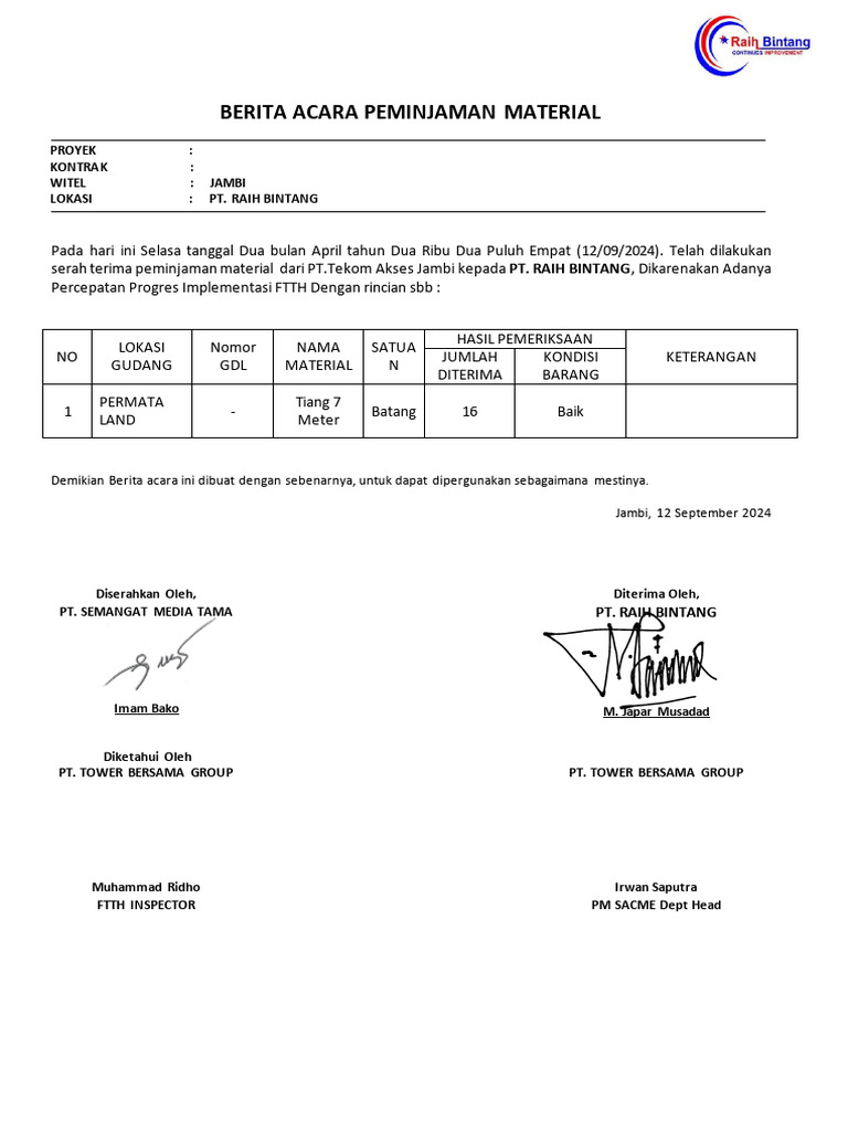 BA Lapangan Peminjaman Material - SMT | PDF