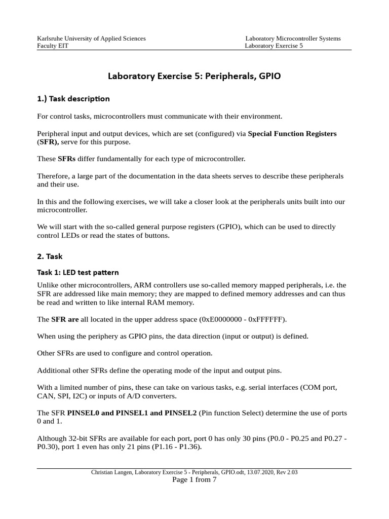 Laboratory Exercise 5 - Peripherals, GPIO | PDF | Microcontroller | Office Equipment