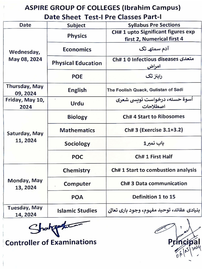 Date Sheet Test 1 For Pre Classes Part-1 | PDF