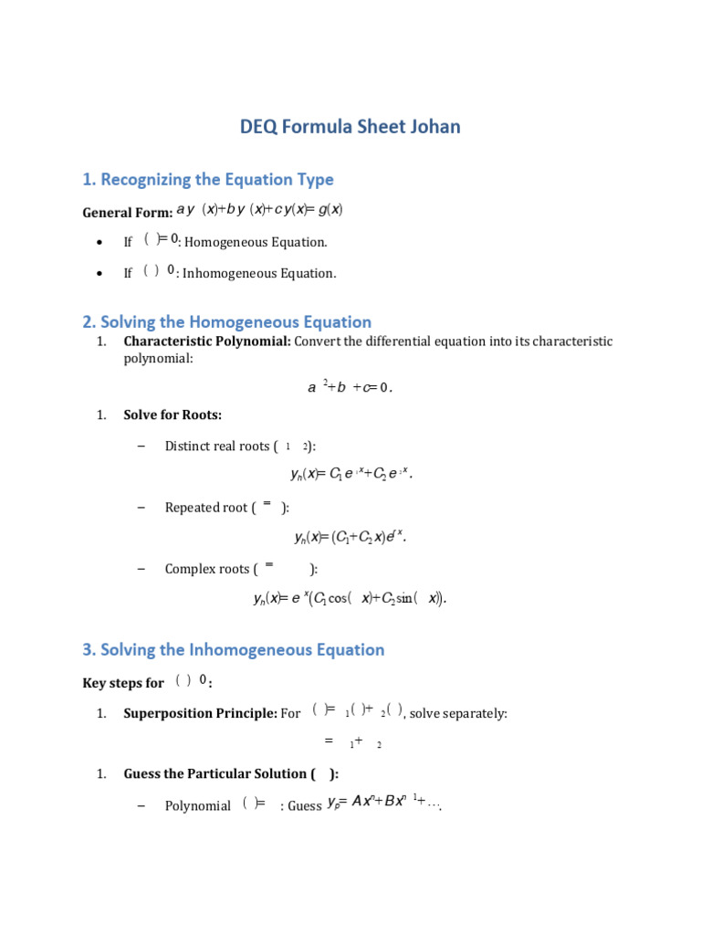 DEQ Formula Sheet Johan | PDF | Equations | Ordinary Differential Equation