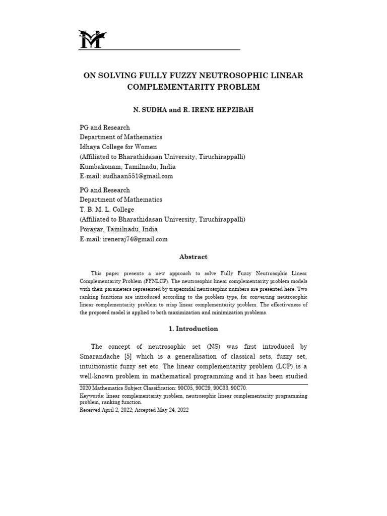NEUTROSOPHIC FUZZY QUADRATIC PROGRAMMING PROBLEM AS A LINEAR C COMPLEMENTARITY PROBLEM USING ...