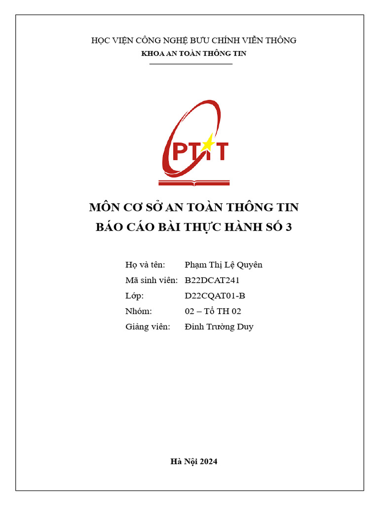 Báo cáo thực hành số 3 - CSATTT | PDF