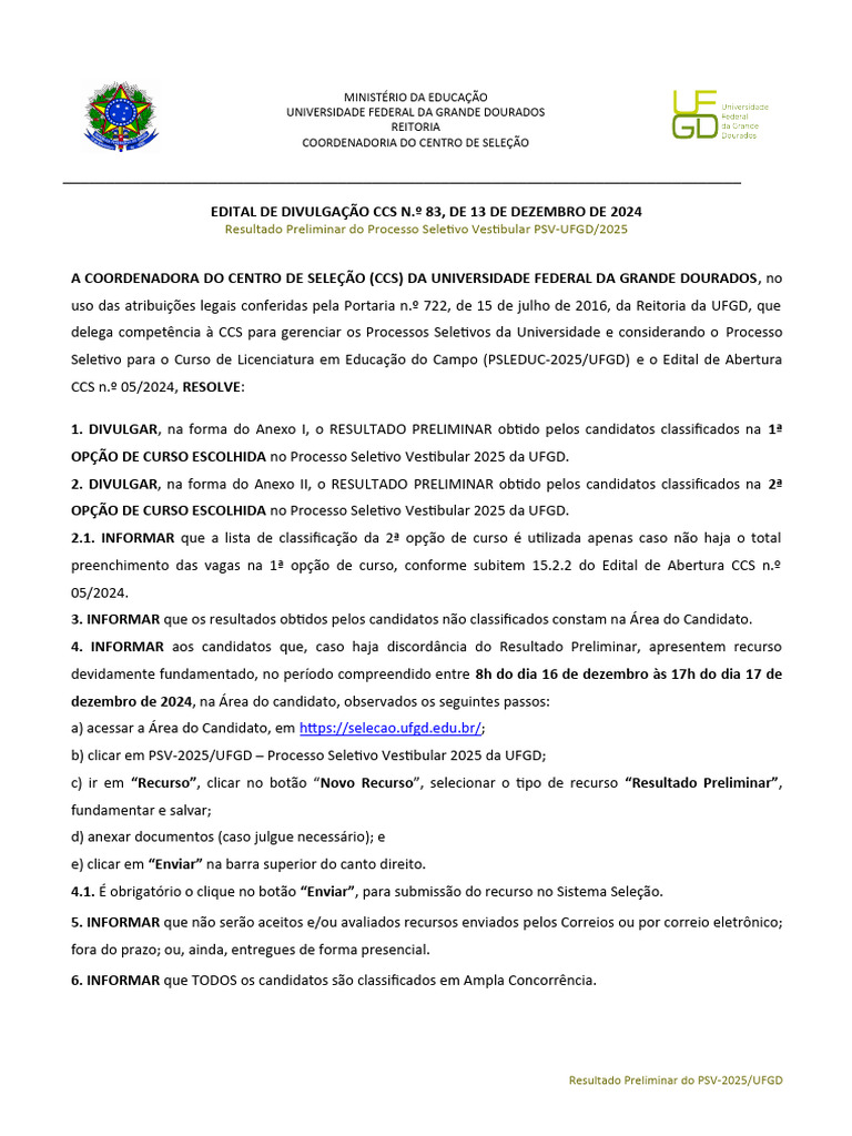 Edital Divulgacao CCS 83 Resultado Preliminar PSV2025 Consolidado | PDF | Academia | Estágios ...