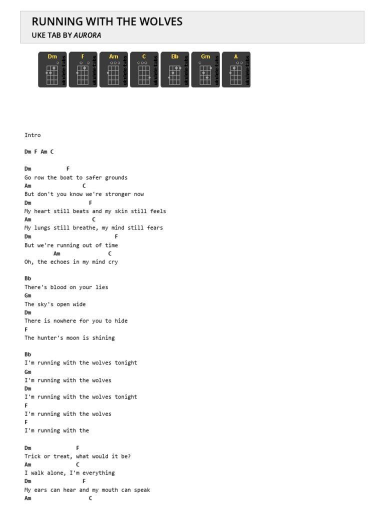 Running With The Wolves Uke tab by AURORA - Ukulele Tabs | PDF