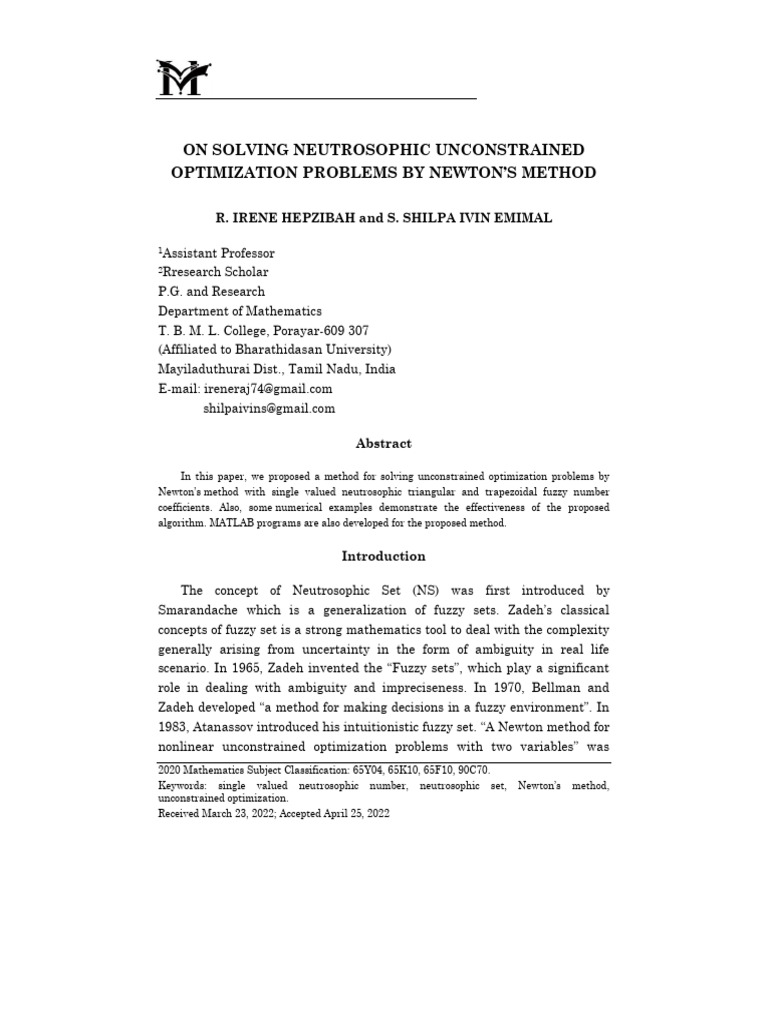 ON SOLVING NEUTROSOPHIC UNCONSTRAINED OPTIMIZATION PROBLEMS BY NEWTON’S METHOD | PDF ...