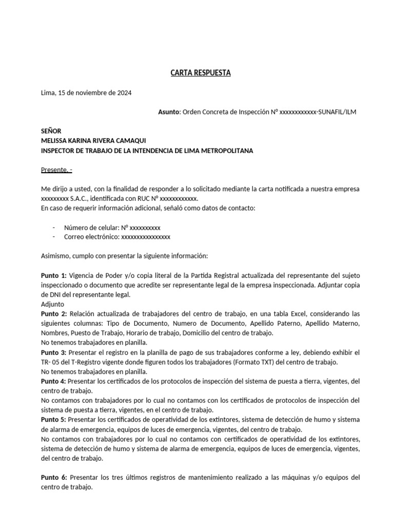 Respuesta a SUNAFIL sobre Inspección | PDF