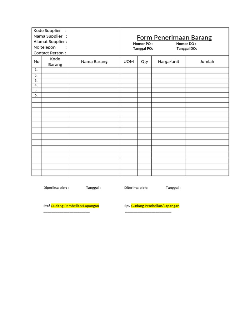Form Penerimaan Barang | PDF